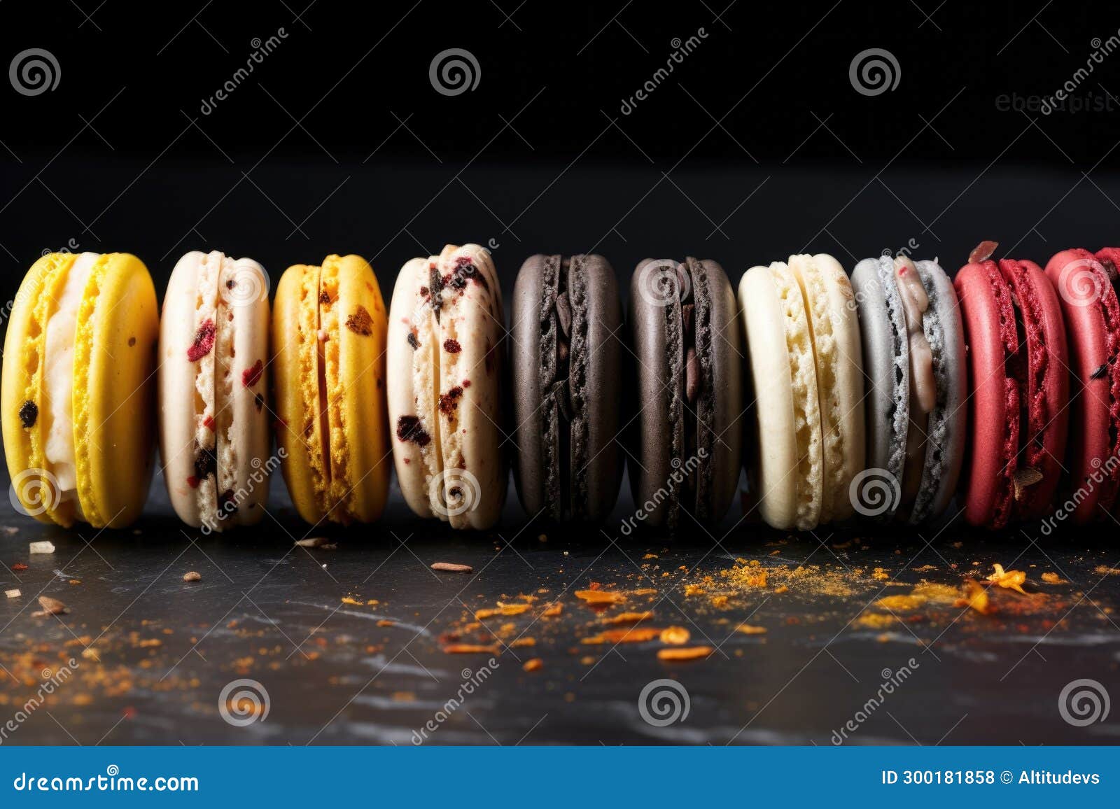A Row of Different Flavored Macarons with Ingredient Labels Stock Photo ...