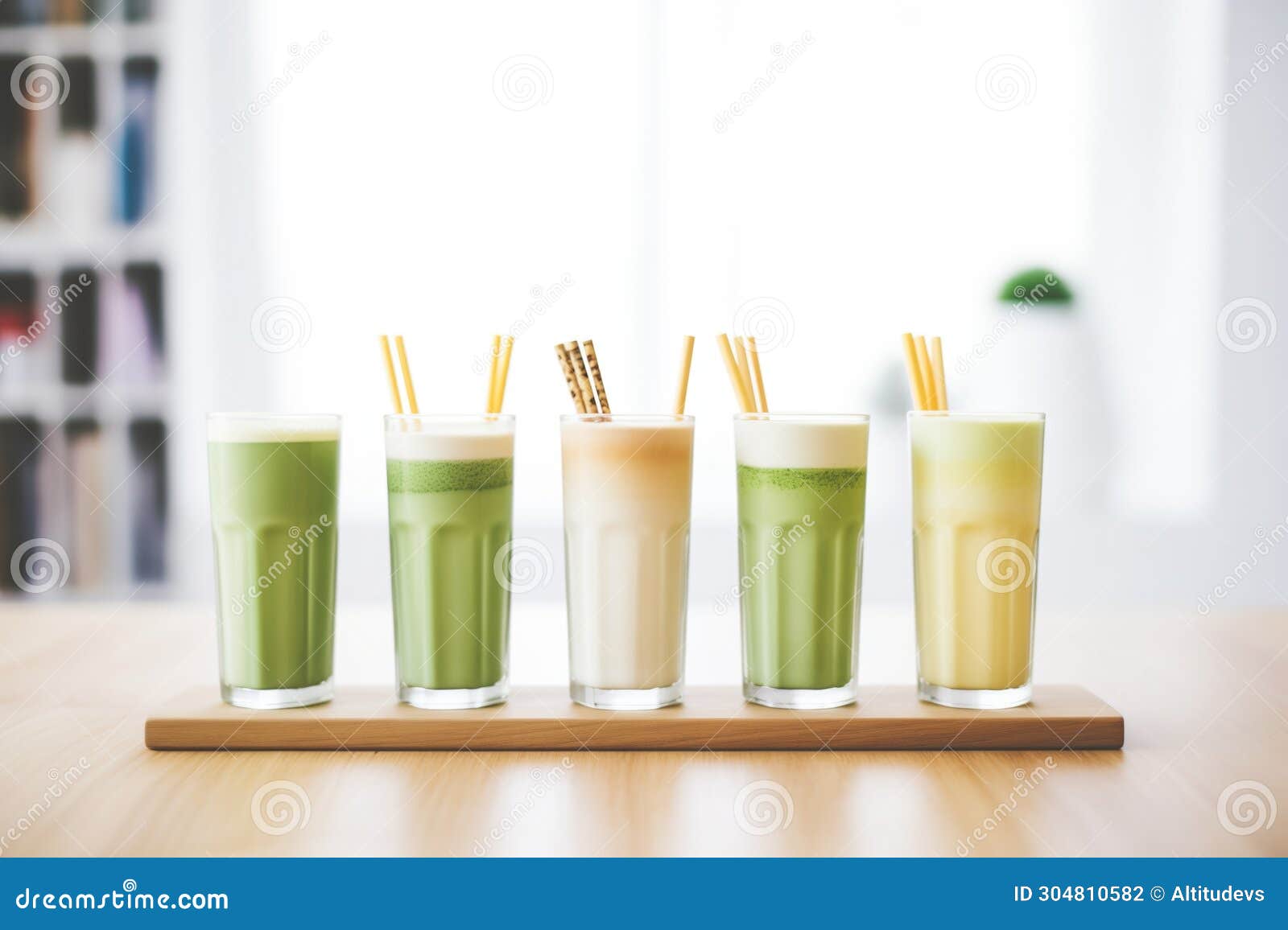 A Row of Different Lattes with Matcha Latte in the Center Stock Photo ...