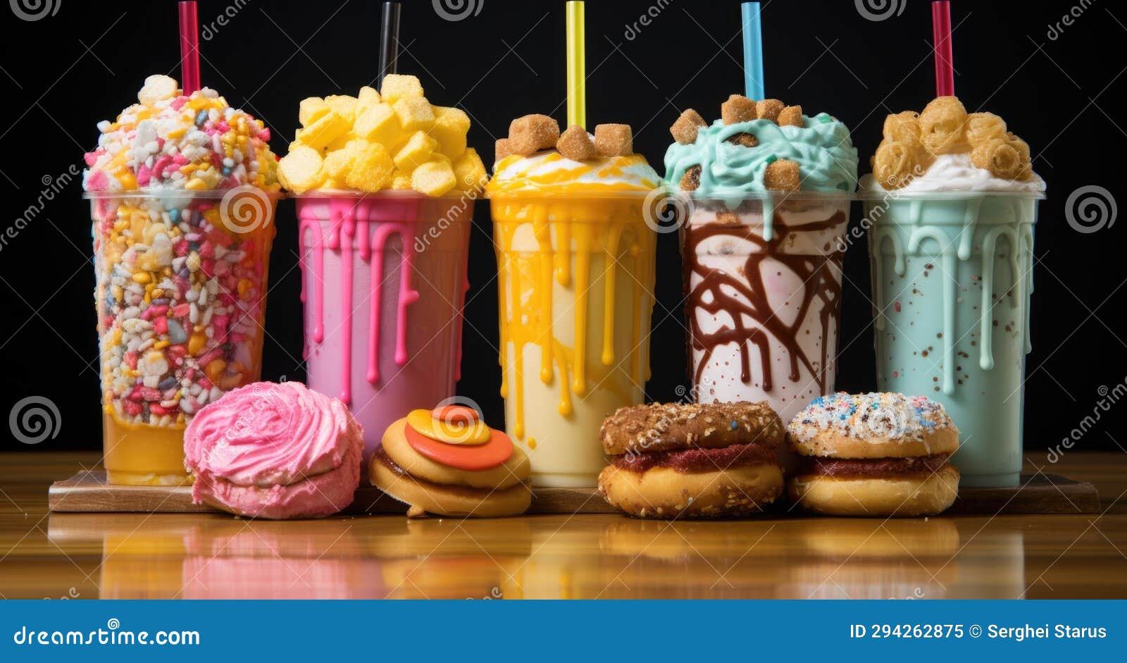 A Row of Different Milkshakes and Donuts on a Table, AI Stock Image ...