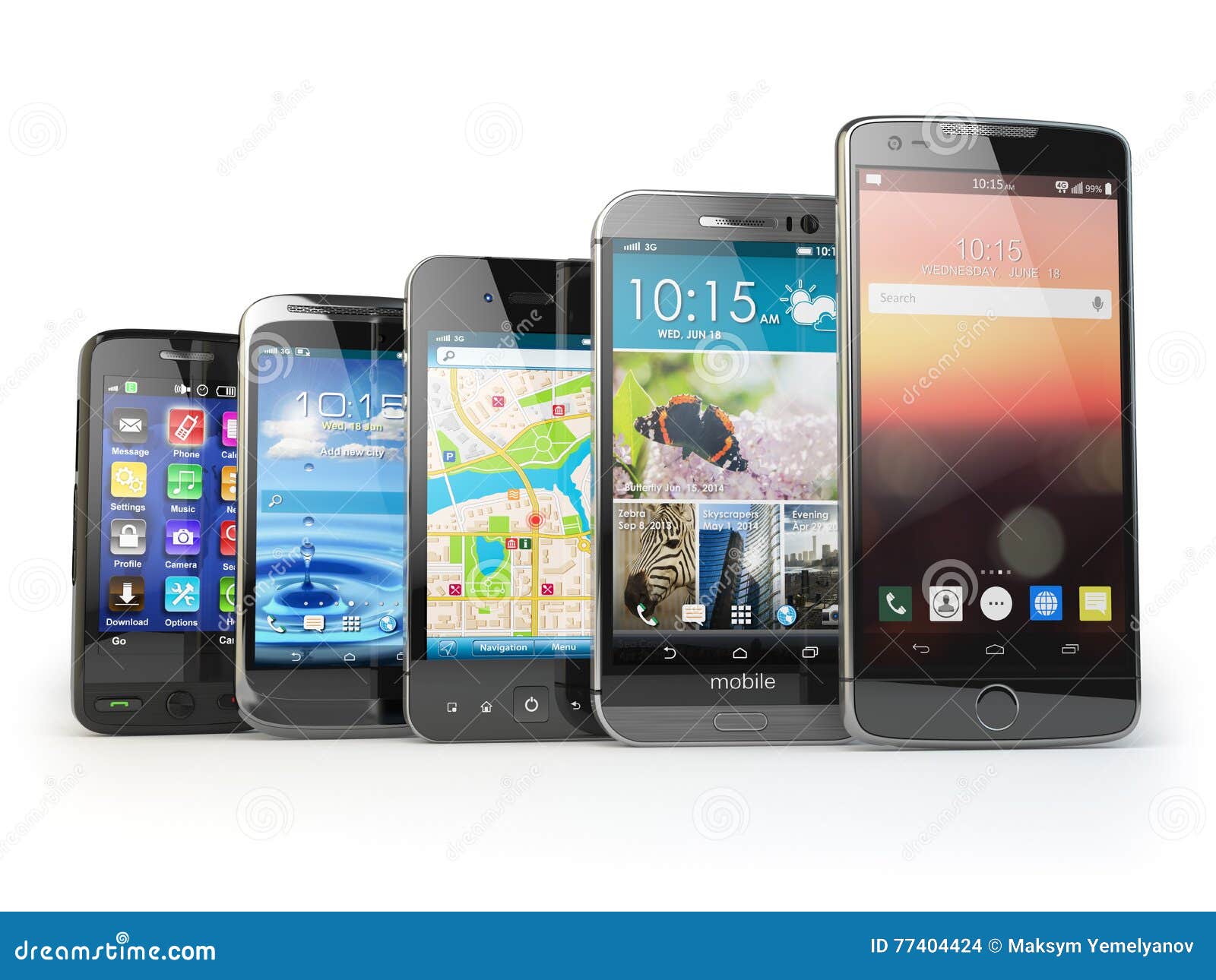 Row of the Different Smartphones Isolated on White. Stock Illustration ...