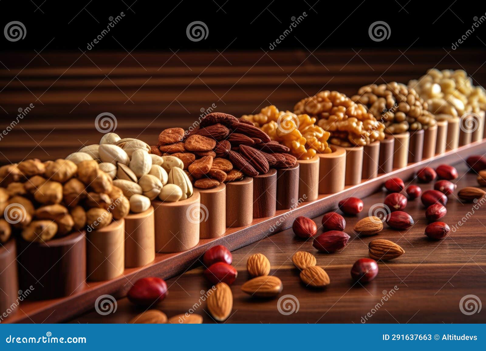 A Row of Different Sort of Nuts on a Wooden Table Stock Image - Image ...
