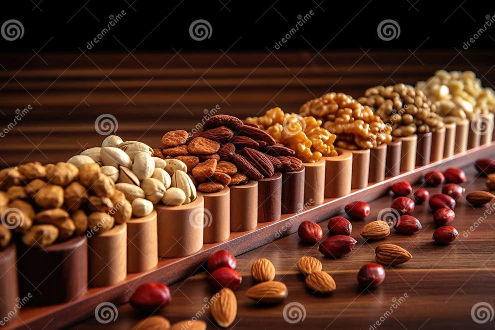 A Row of Different Sort of Nuts on a Wooden Table Stock Image - Image ...