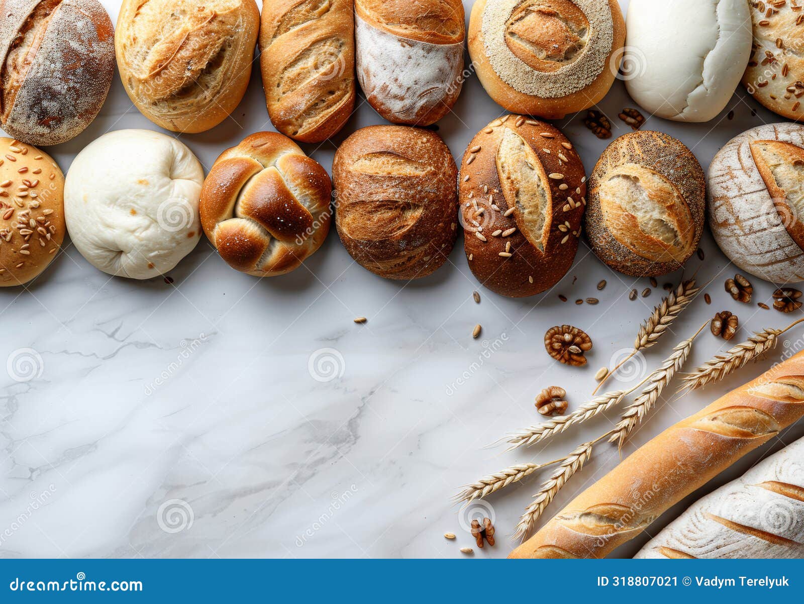 A Row of Different Types of Bread and a Bunch of Nuts Stock Image ...
