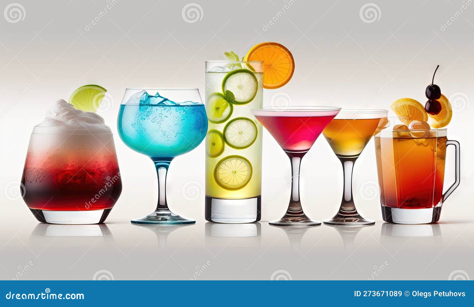 A Row of Different Types of Cocktails in Different Glasses Stock ...