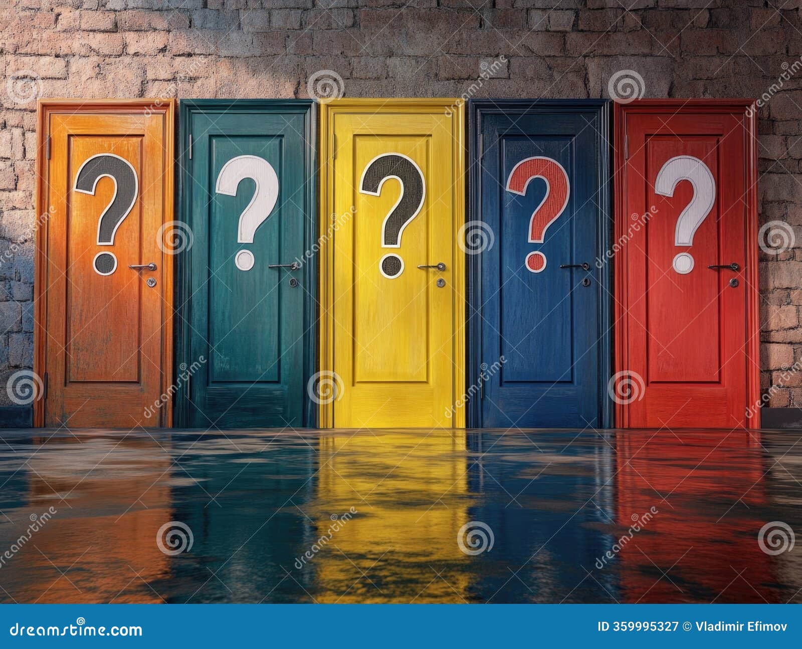 Row of Doors with a Question Mark on Each One Stock Image - Image of ...
