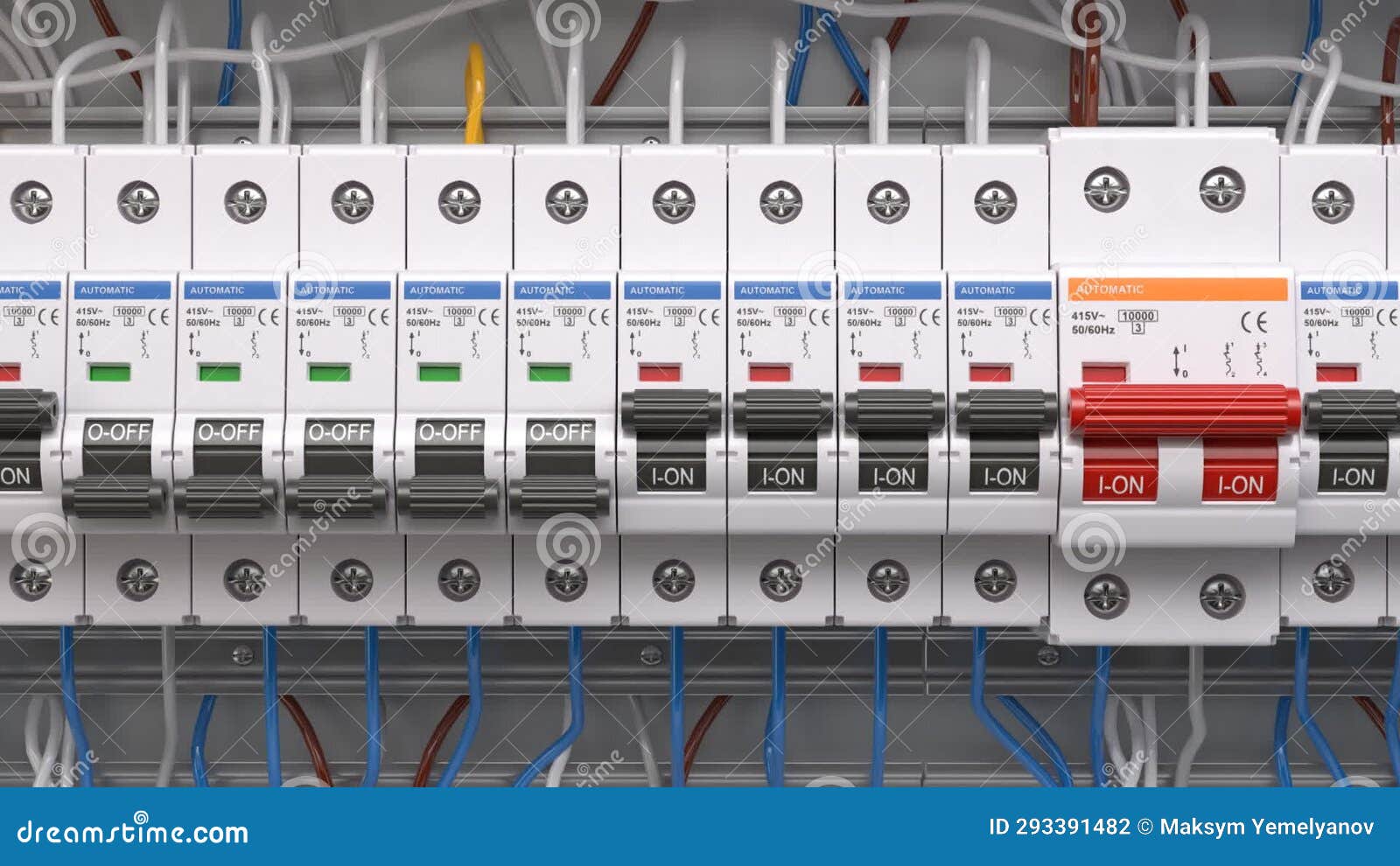 Row of Electrical Circuit Breakers in Fuse Box. Electricity Power ...