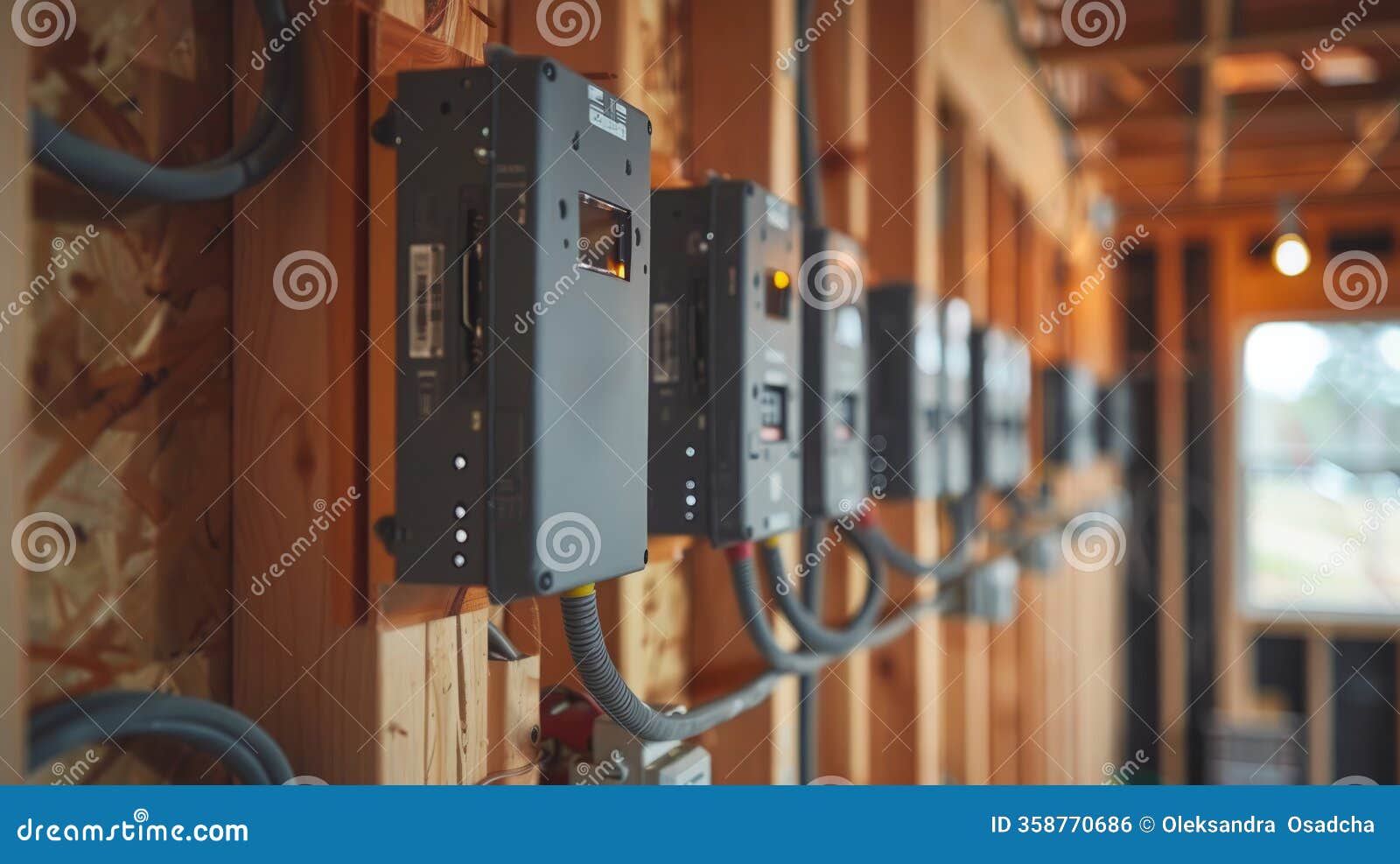 Row of Electrical Panels on a Wooden Construction Frame. Stock Photo ...