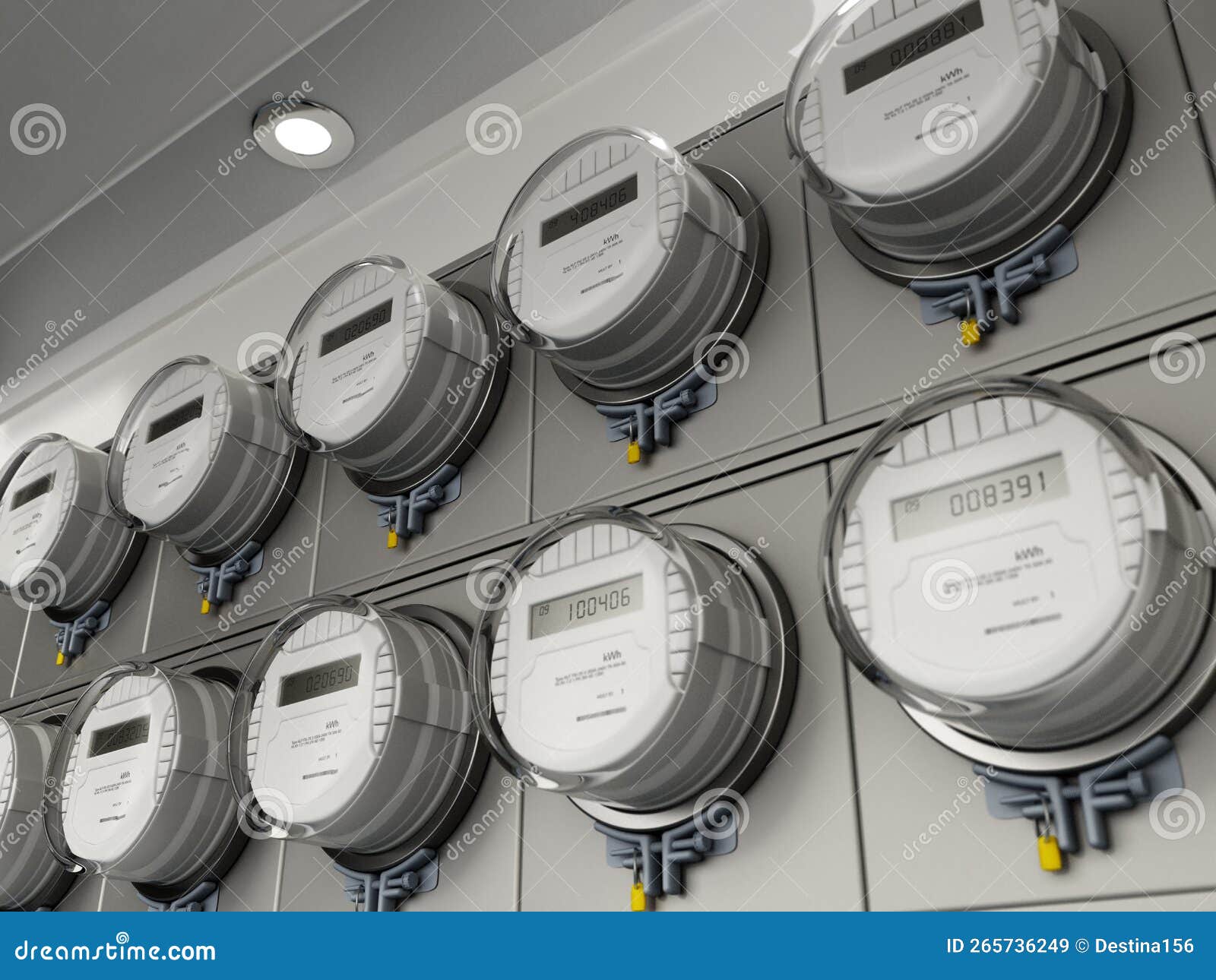 Row of Electricity Meters on the Wall. 3D Illustration Stock ...
