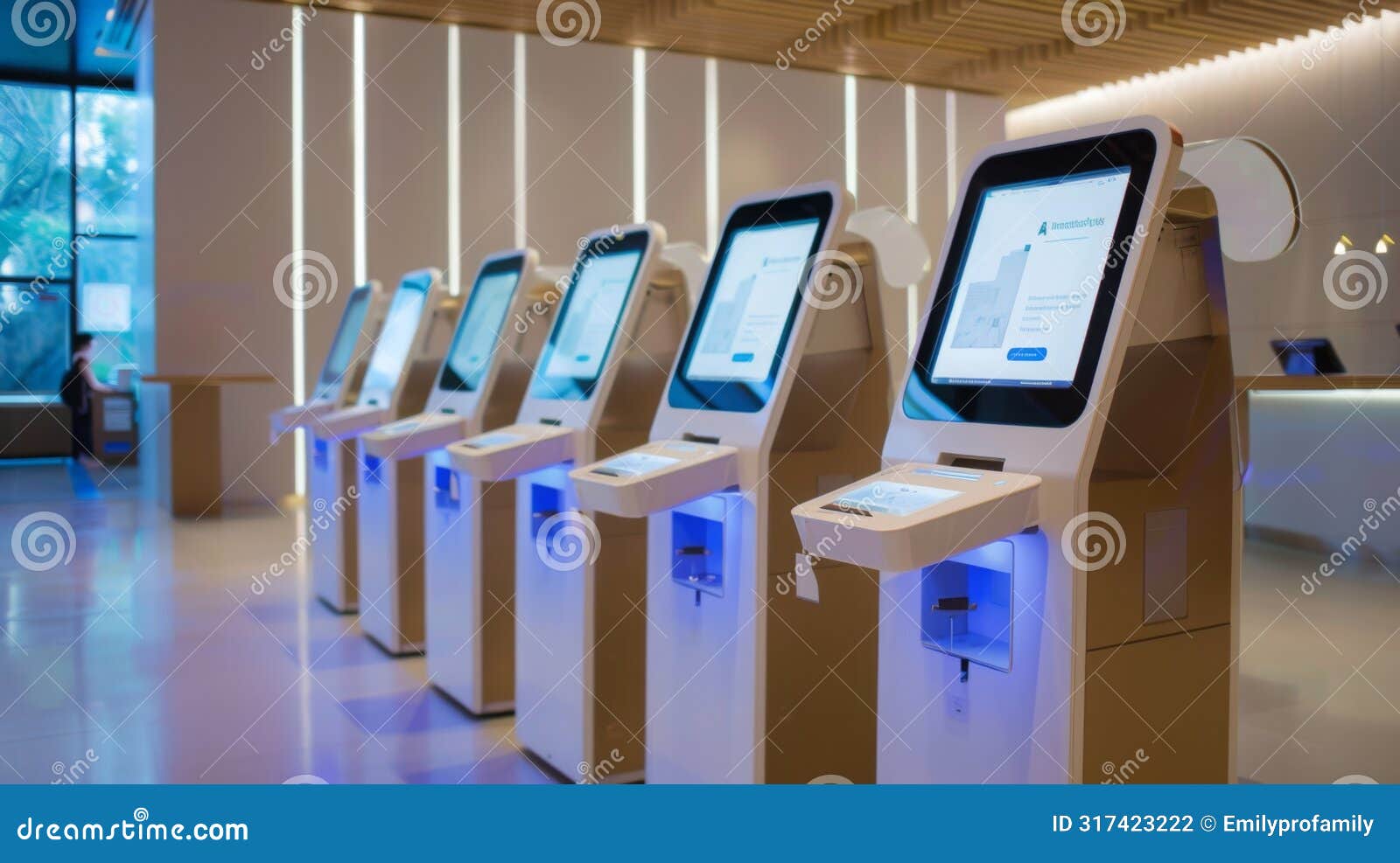 Row of Electronic Kiosks in Lobby Stock Photo - Image of indoors ...