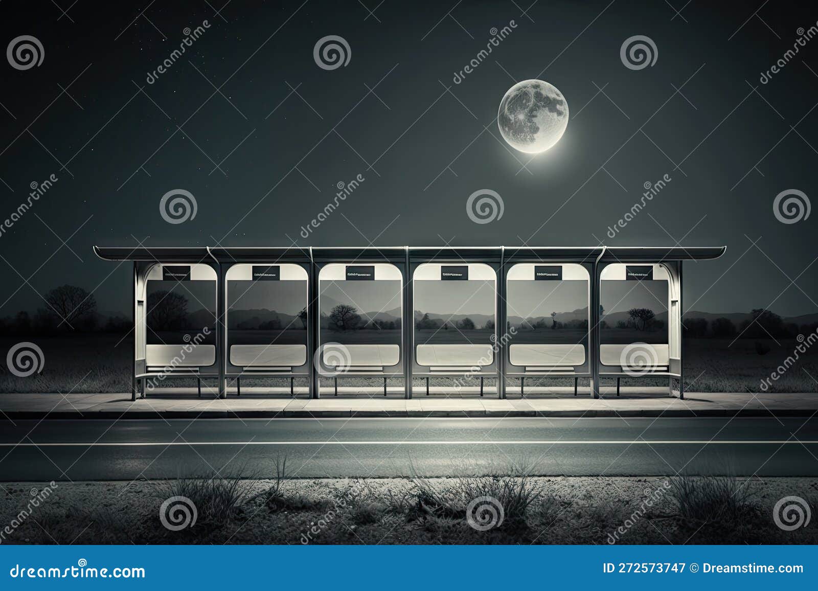 A Row of Empty Bus Stops with the Moon Above, Surrounded by Silence and ...