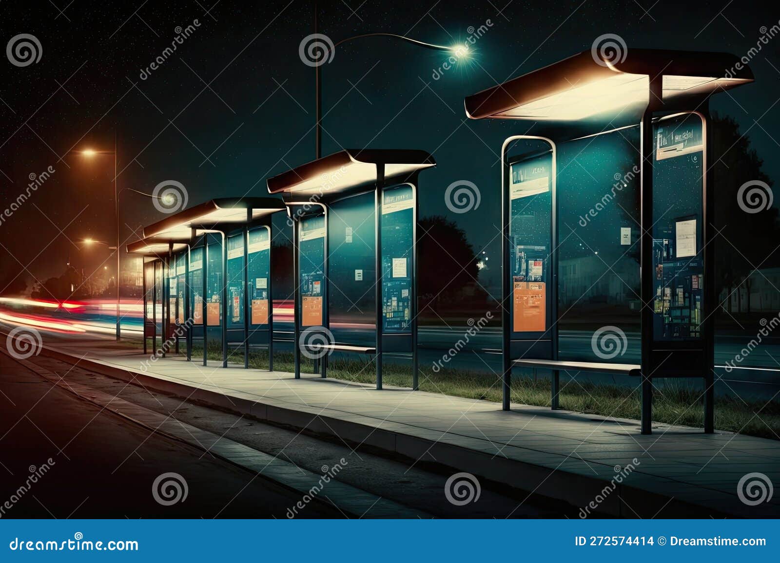 A Row of Empty Bus Stops, with Their Stop Lights Shining Bright in the ...