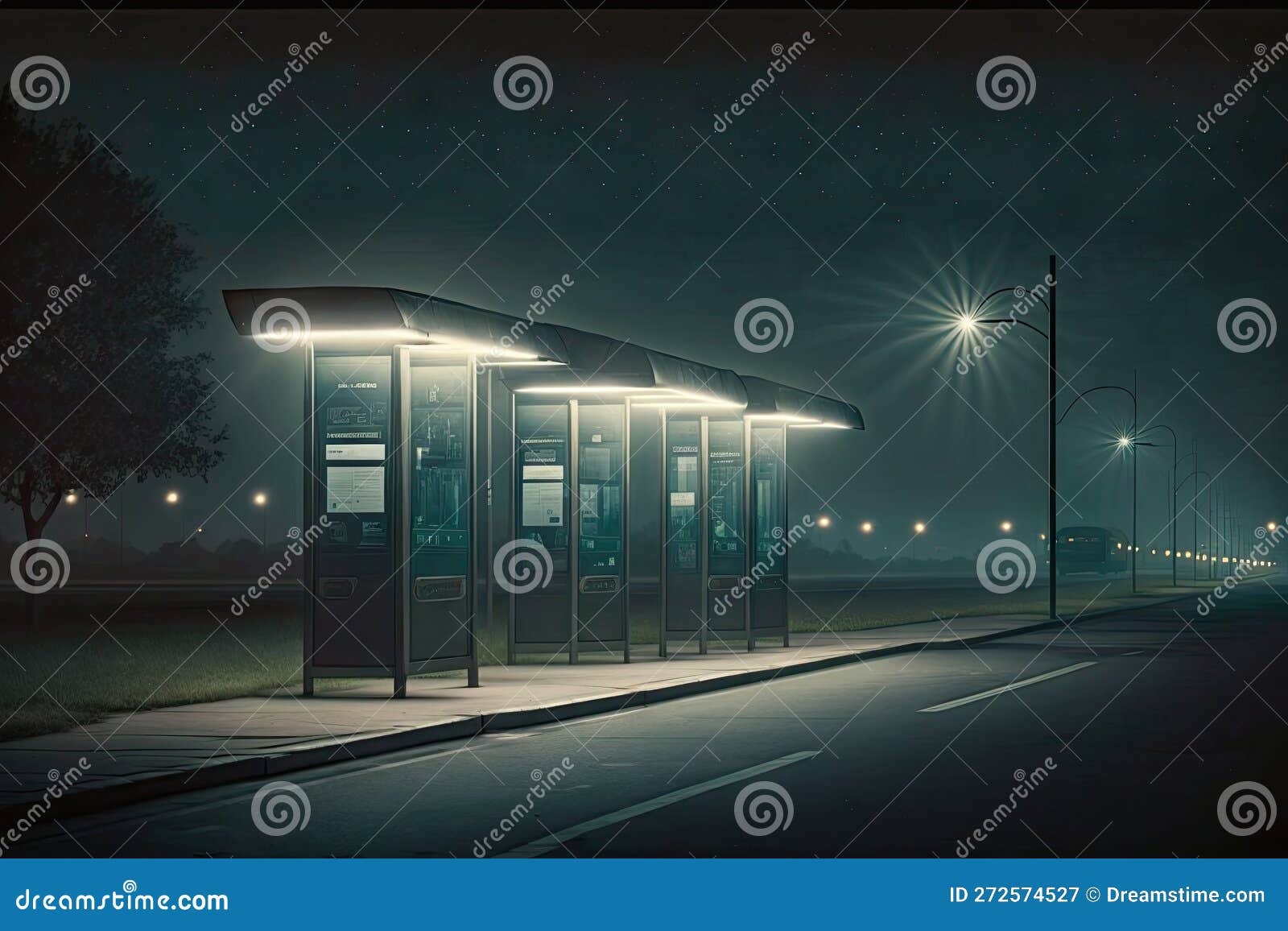 A Row of Empty Bus Stops, with Their Stop Lights Shining Bright in the ...