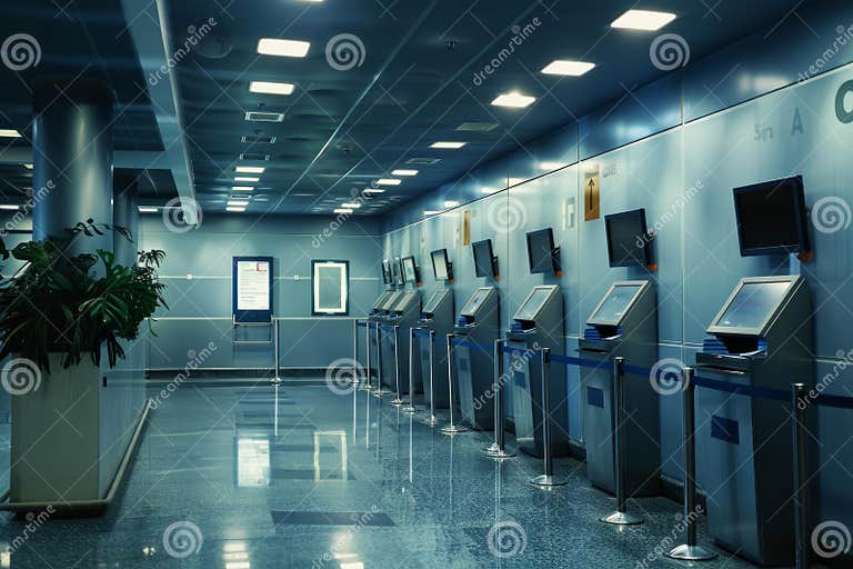 Empty Check in Counters with Computers Showing Blue Screens in Airport ...