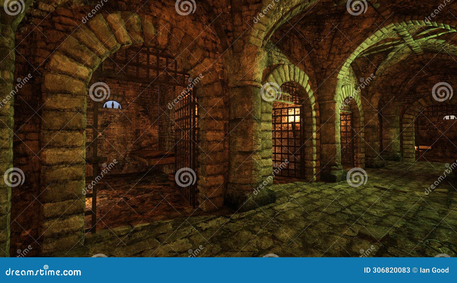 Row of Empty Prison Cells in an Old Medieval Dungeon Passage. 3D ...