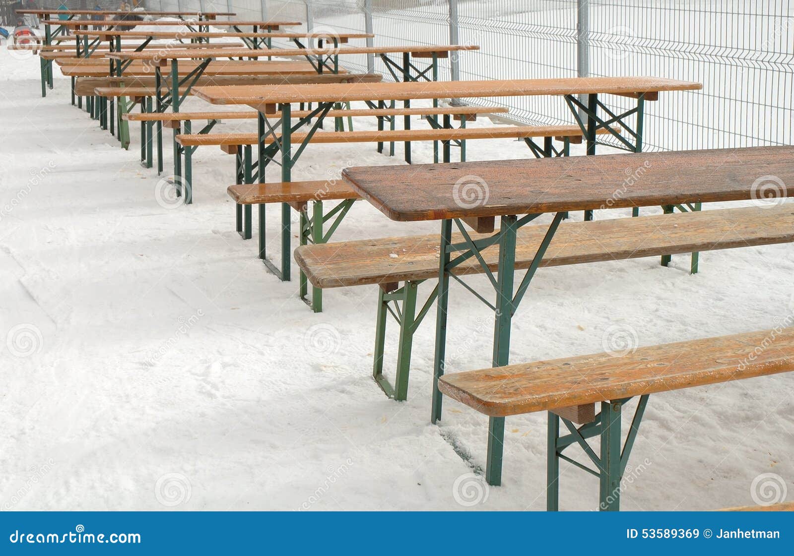 Row of Empty Tables and Benches Stock Image - Image of snow, wooden ...