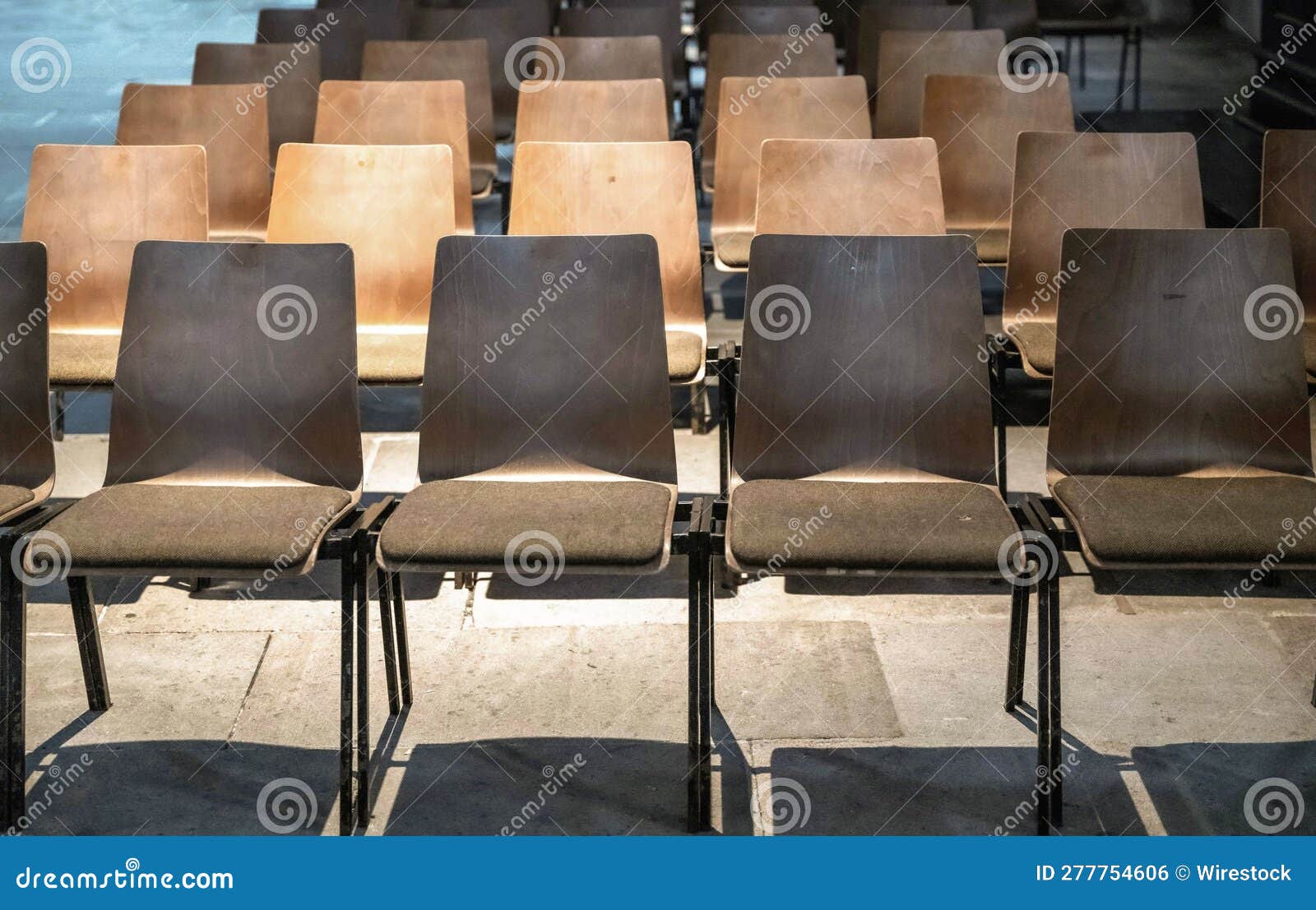 Row of Empty Wooden Chairs in an Auditorium Stock Photo - Image of rows ...