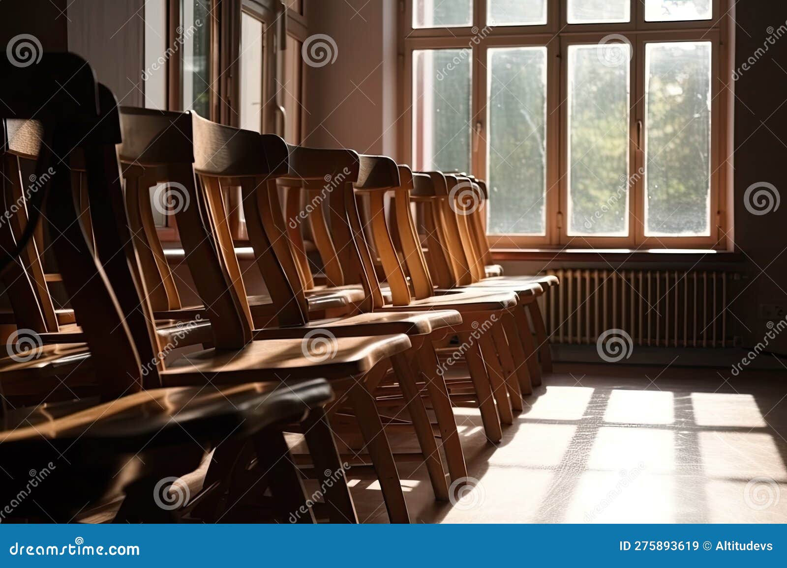 Row of Empty Wooden Chairs in a Classroom with Window View Stock Image ...