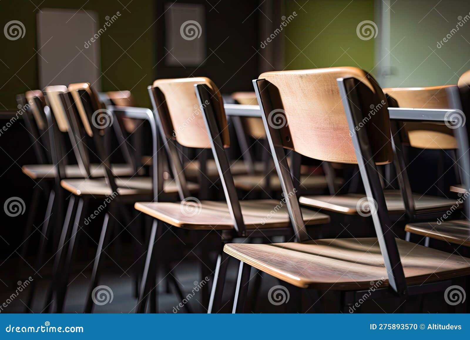 Row of Empty Wooden Lecture Chairs in Modern Classroom Setting, with ...