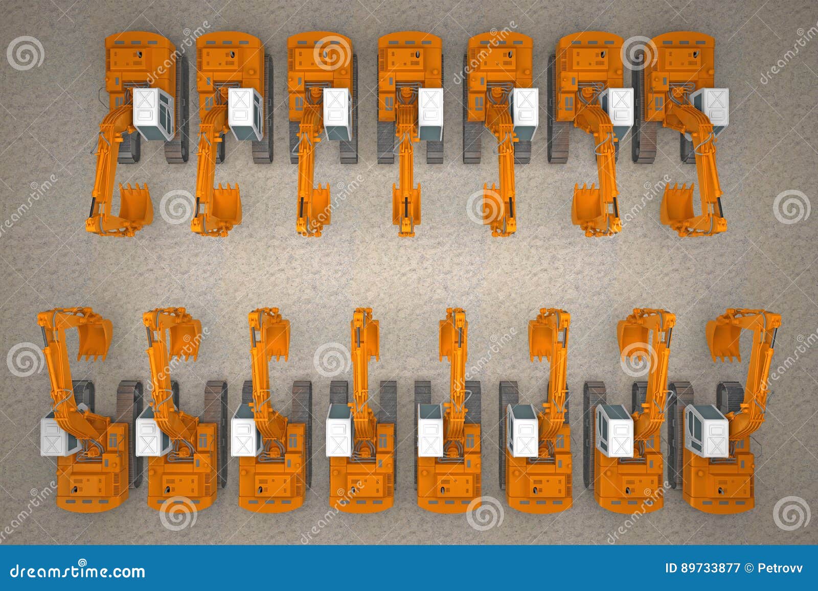 Row of Excavators Top View 3d Rendering Stock Illustration ...
