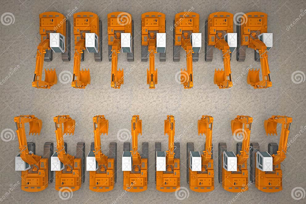 Row of Excavators Top View 3d Rendering Stock Illustration ...