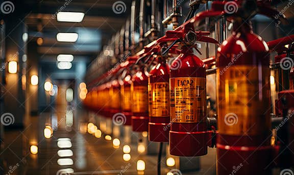 Row of Fire Extinguishers in Hallway Stock Photo - Image of hallway ...