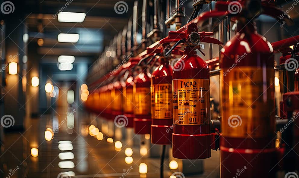 Row of Fire Extinguishers in Hallway Stock Photo - Image of hallway ...