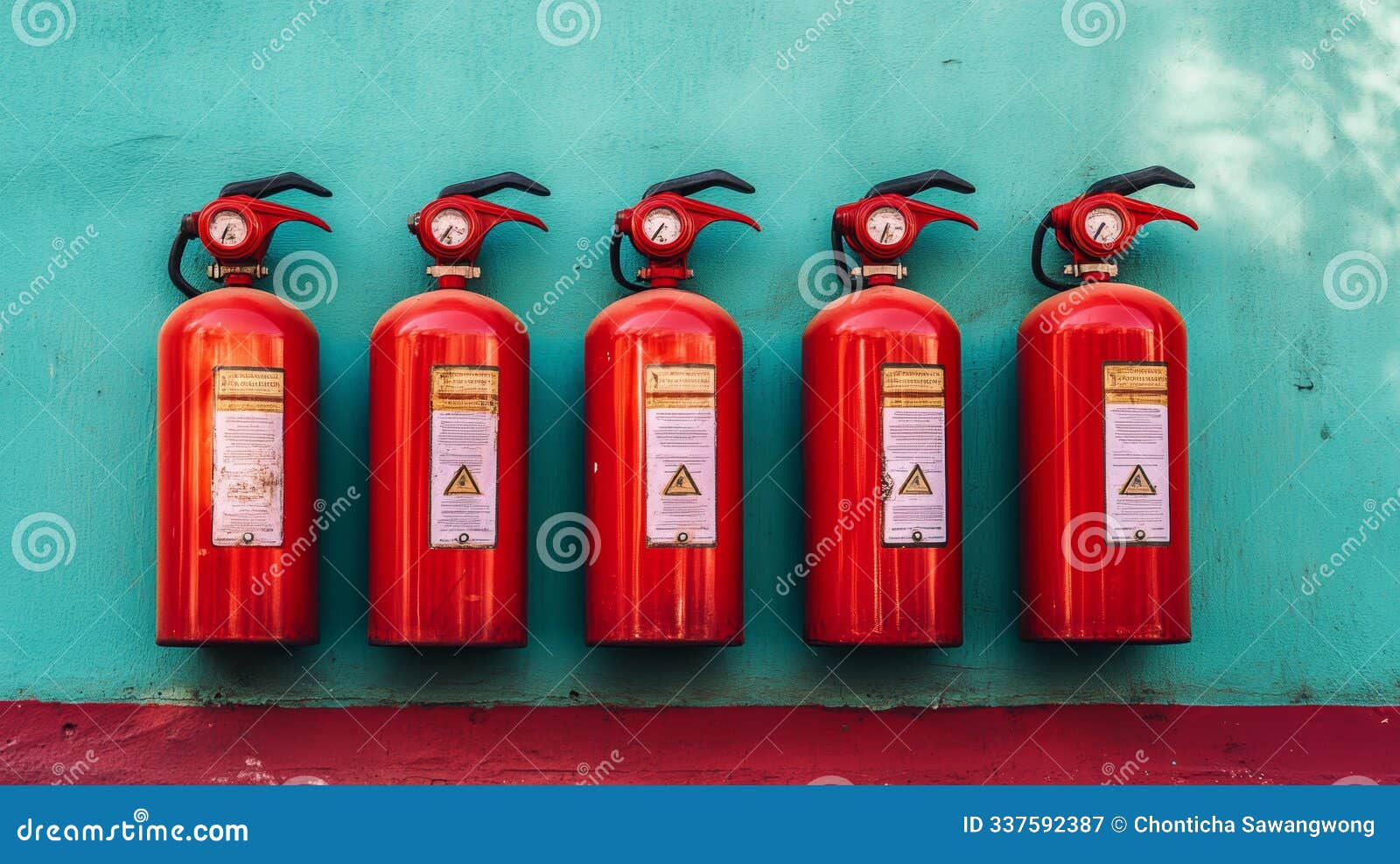 A Row of Five Bright Red Fire Extinguishers Mounted on a Green Wall ...