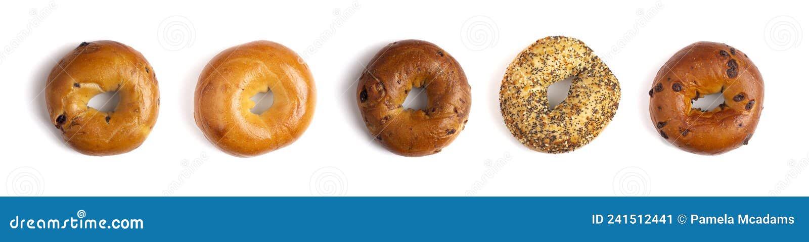 A Row of Five Different Types of Bagels Isolated on a White Background ...