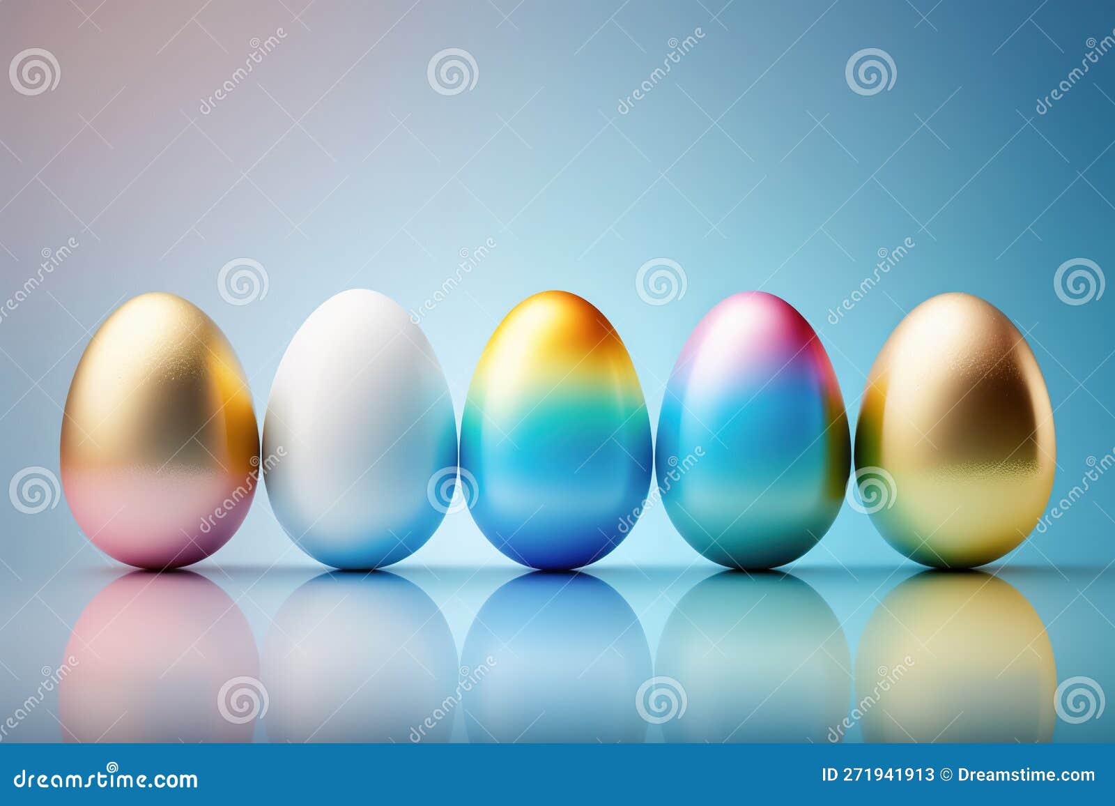 Row of Five Easter Eggs on a Gradient Blue Background with a Reflection ...