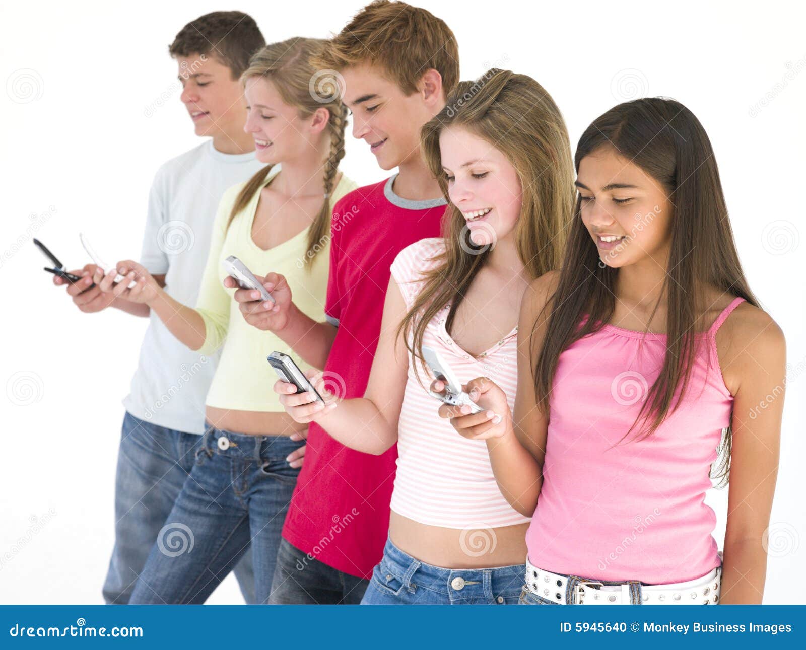 Row of Five Friends Using Cellular Phones Smiling Stock Photo - Image ...