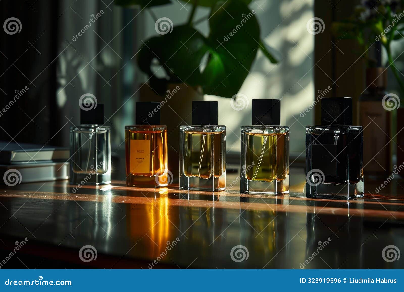 A Row of Five Perfume Bottles are Lined Up on a Table Stock Photo ...