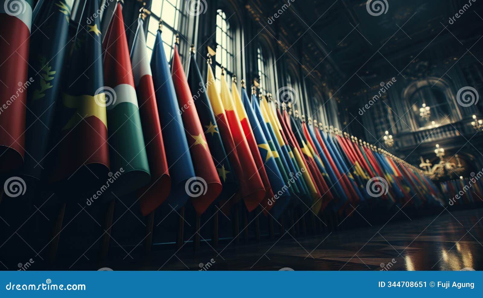 A Row of Flags of Various Countries Line the Wall of an Ornate Building ...