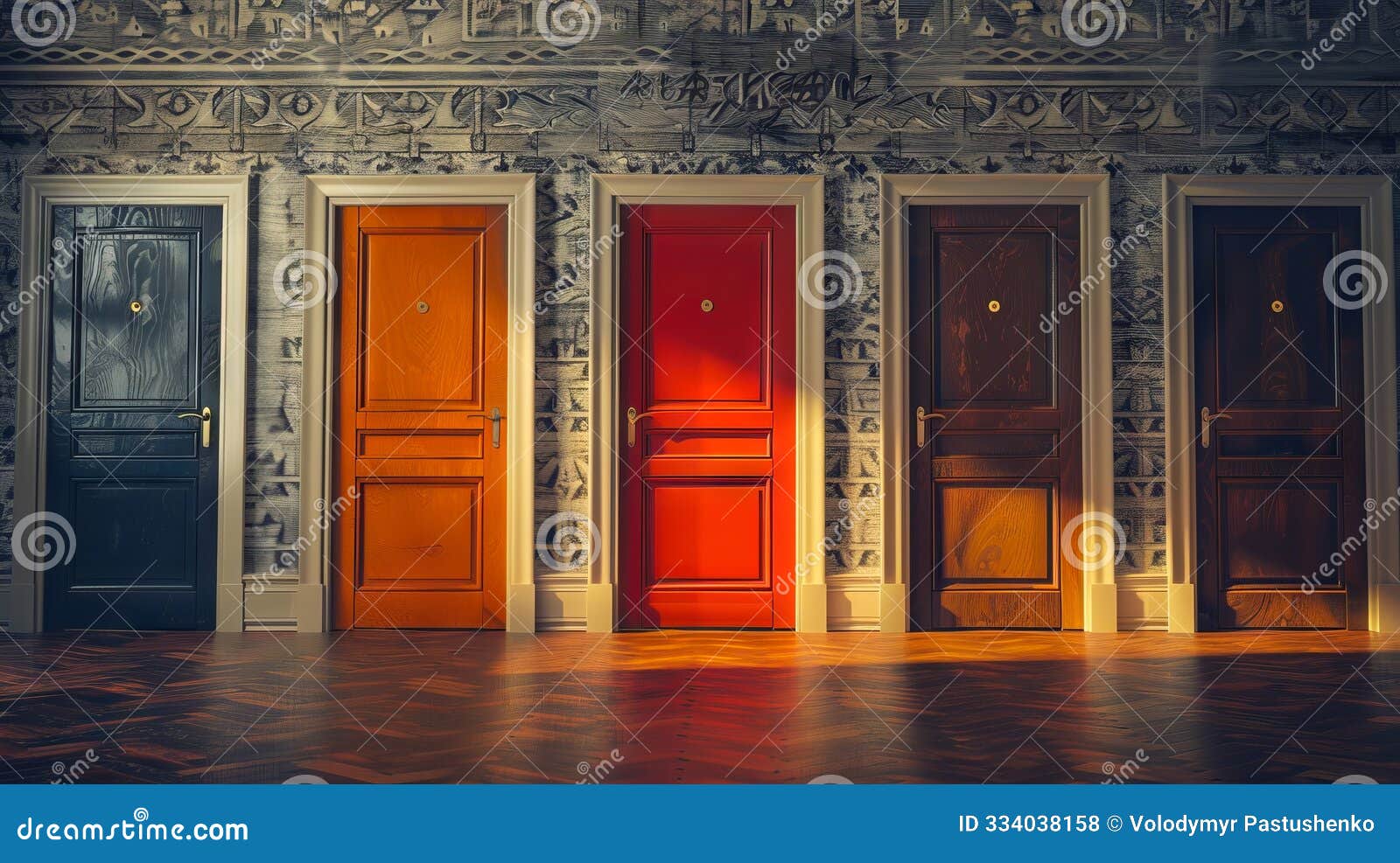 A Row of Four Doors in a Room with a Wooden Floor Stock Photo - Image ...