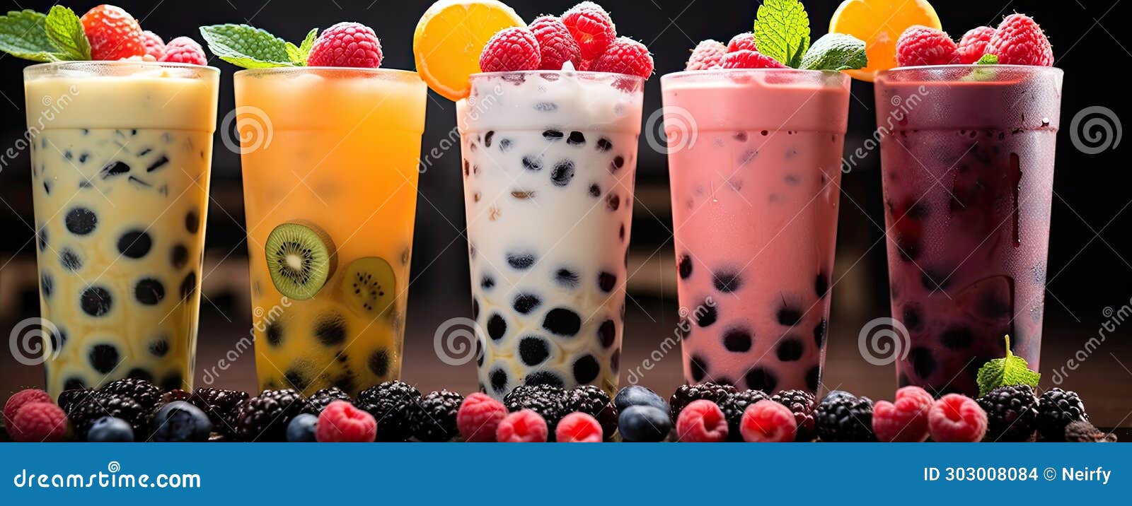 Row of Fresh Bubble Tea and Smoothies Refreshing Drinks Stock Photo ...
