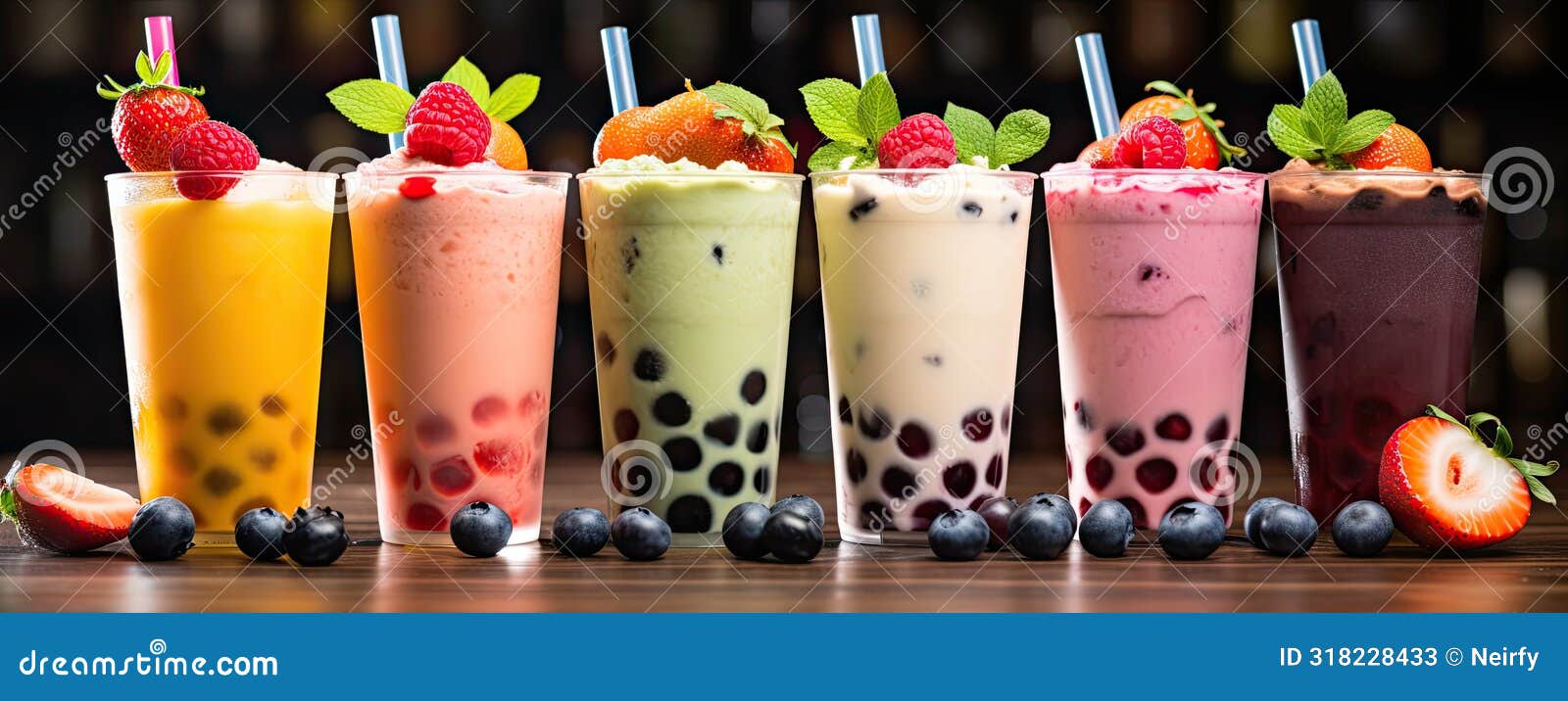Row of Fresh Bubble Tea and Smoothies Refreshing Drinks Stock Image ...