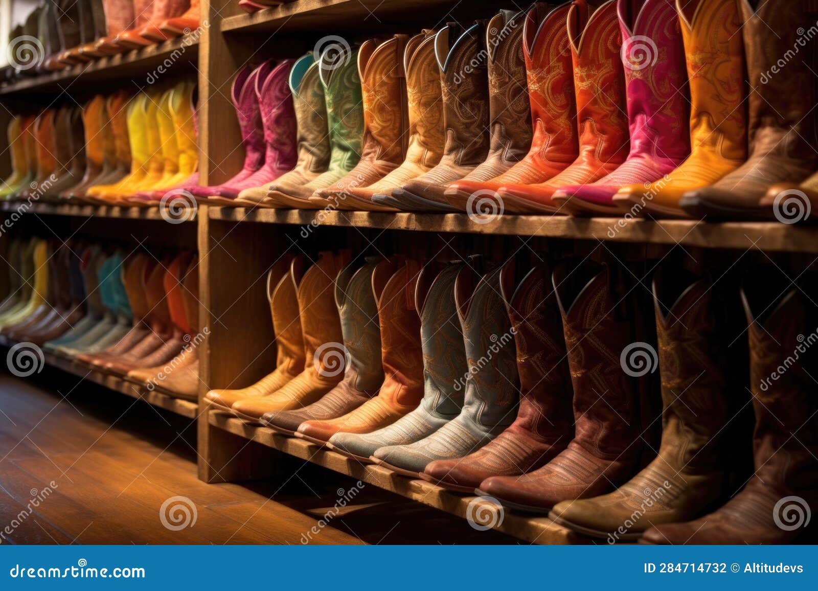 Row of Freshly Made Cowboy Boots on Shelf Stock Photo - Image of ...