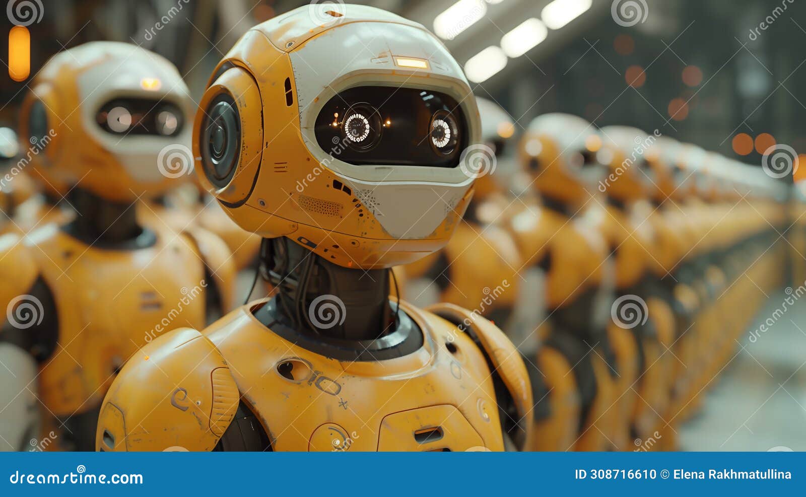 A Row of Friendly Orange Security Robots on the Factory Stock Photo ...