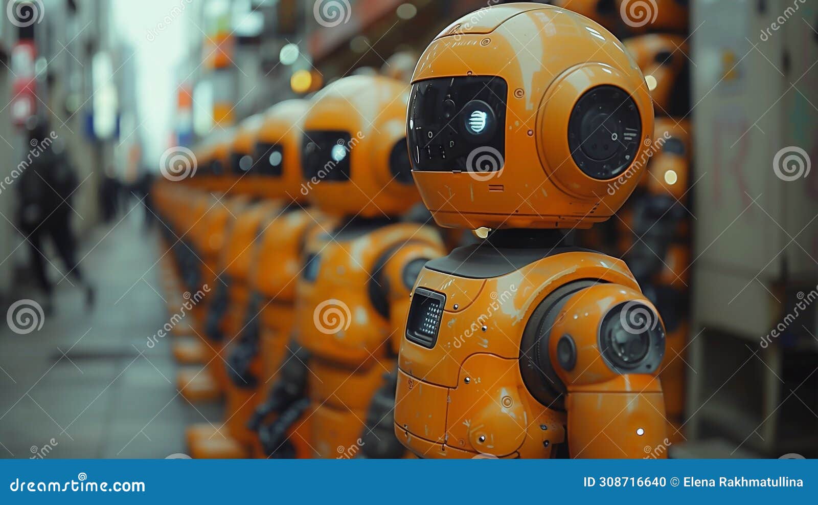 A Row of Friendly Orange Security Robots on the Street Stock Photo ...