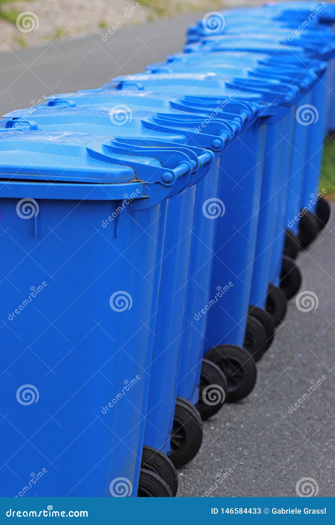 Row of Garbage Cans at the Roadside, Rear View Stock Image - Image of ...