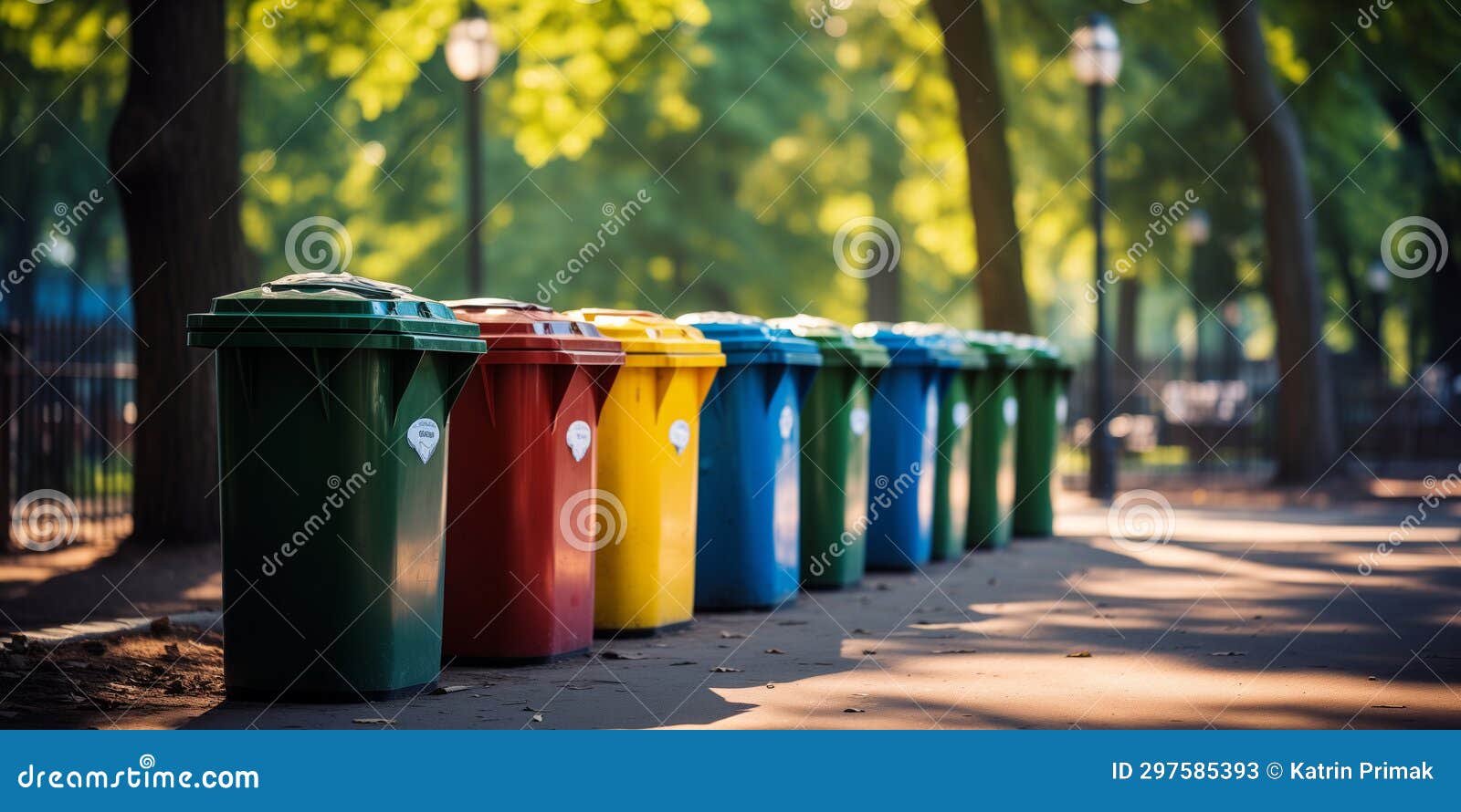 A Row of Garbage Cans for Sorting Garbage in Red Yellow Green and Blue ...