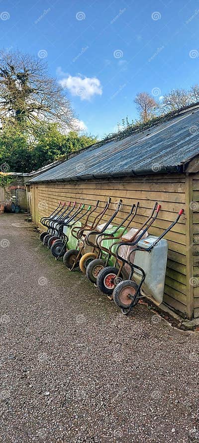 Row of Garden Wheelbarrows. Stock Image - Image of wheelbarrow ...