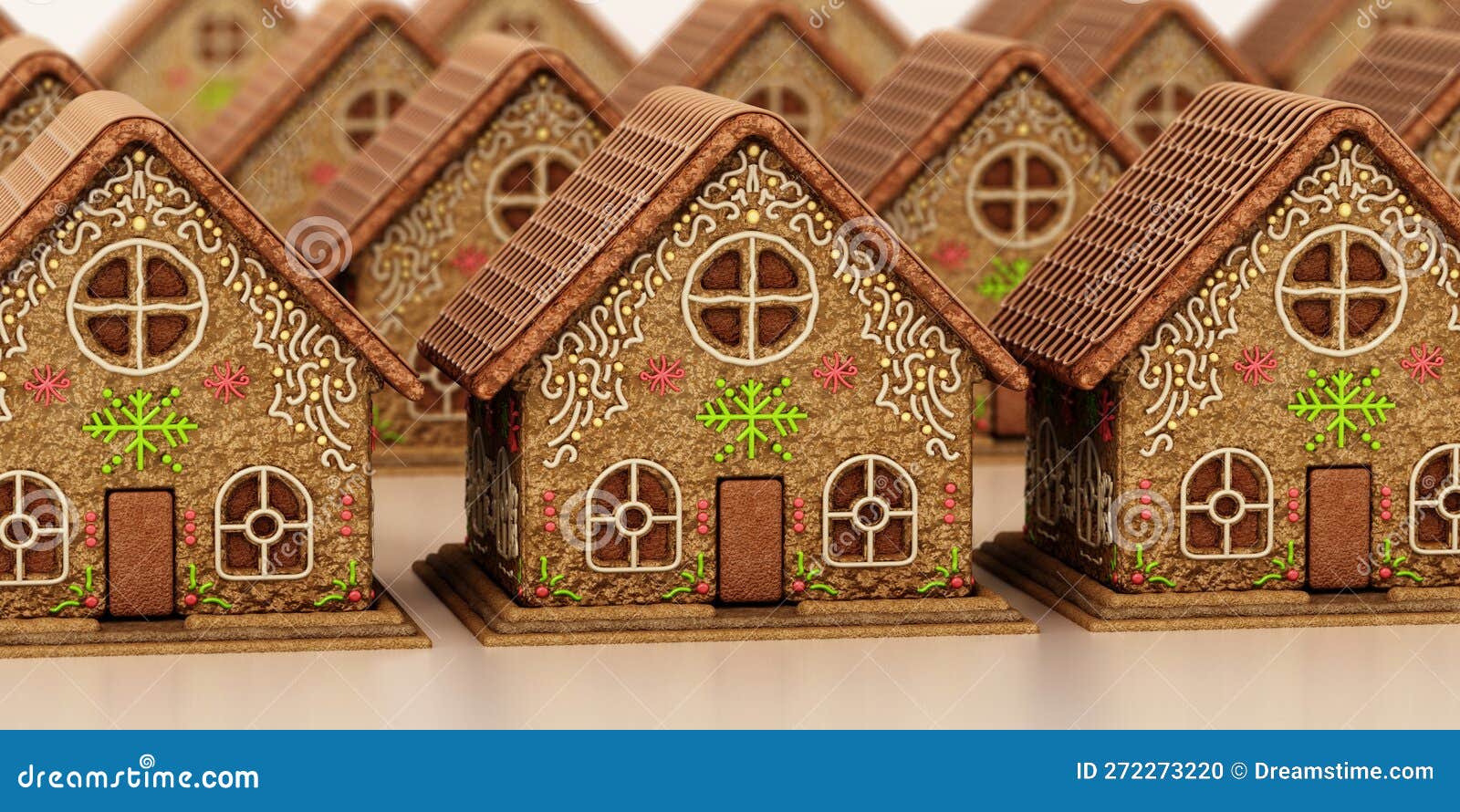Row of Gingerbread Houses with DOF Effect. 3D Illustration Stock ...