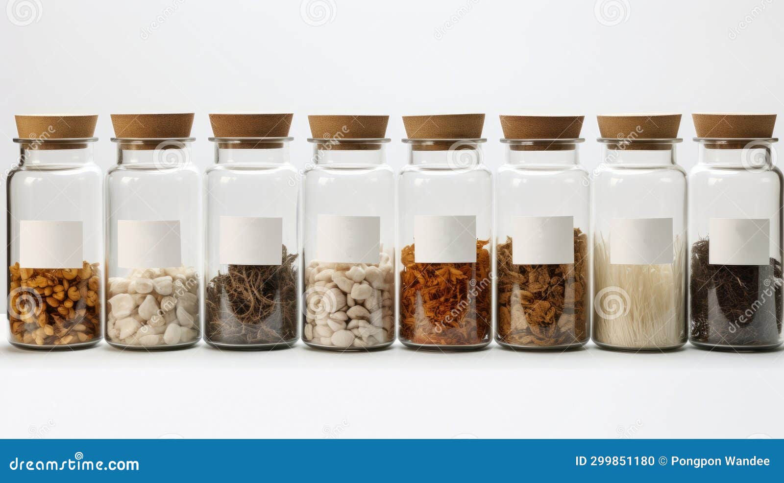 A Row of Glass Jars with Different Spices and Ingredients on a White ...