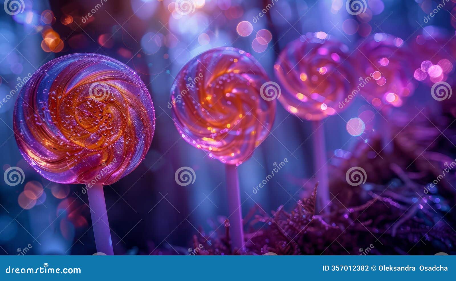 A Row of Glowing Lollipops in a Magical Forest Setting. Stock Photo ...