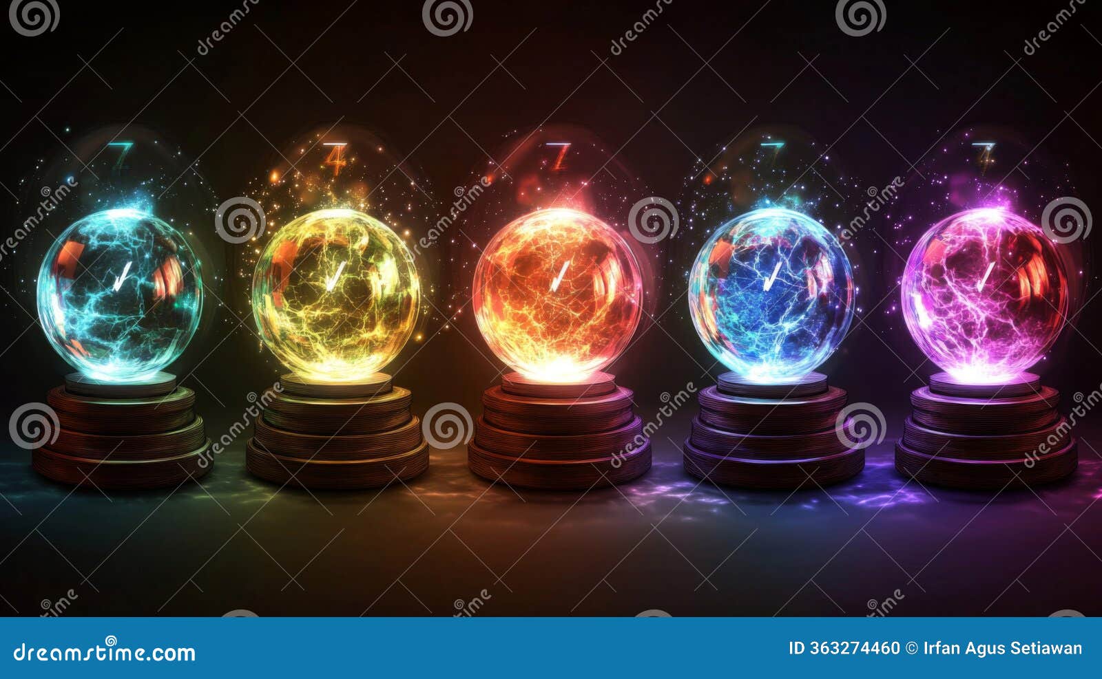 Row of Glowing Orbs in Varied Colors on Display Stands with Dark ...