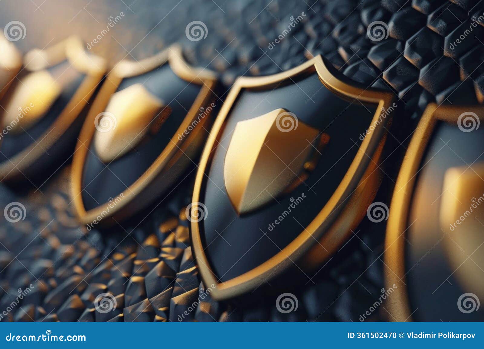 A Row of Gold and Black Shields Mounted on a Wall. Ideal for History or ...
