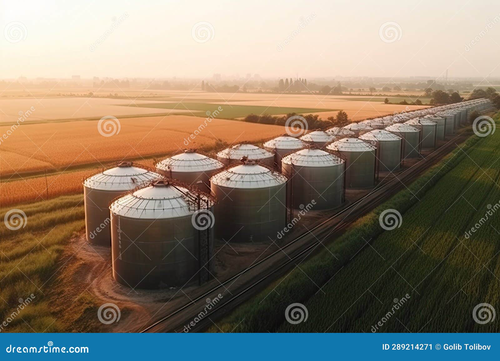 A Row of Grain Silos in a Field Stock Illustration - Illustration of ...
