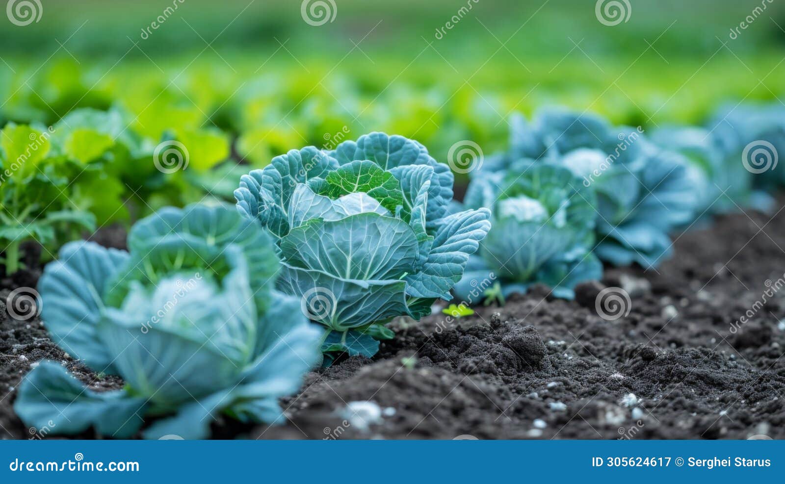 A Row of Green Cabbage Plants Growing in a Field, AI Stock Image ...
