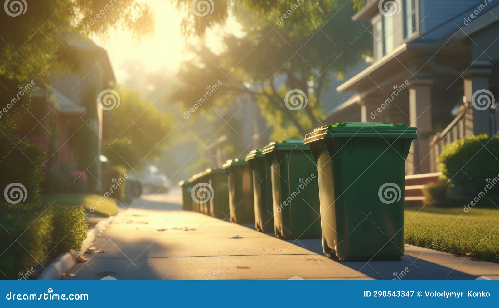 A Row of Green Trash Cans on the Side of a Road Stock Image - Image of ...