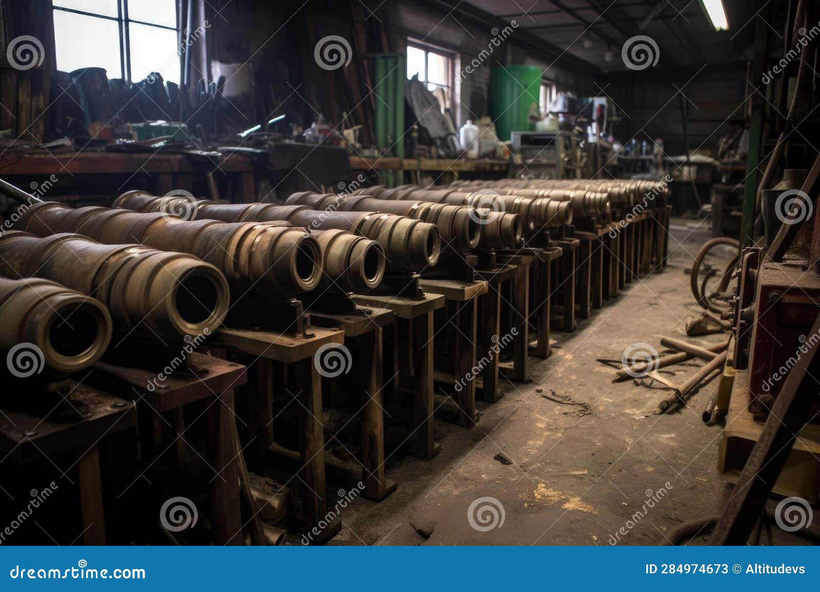A Row of Gun Barrels Ready for Assembly and Testing Stock Illustration ...